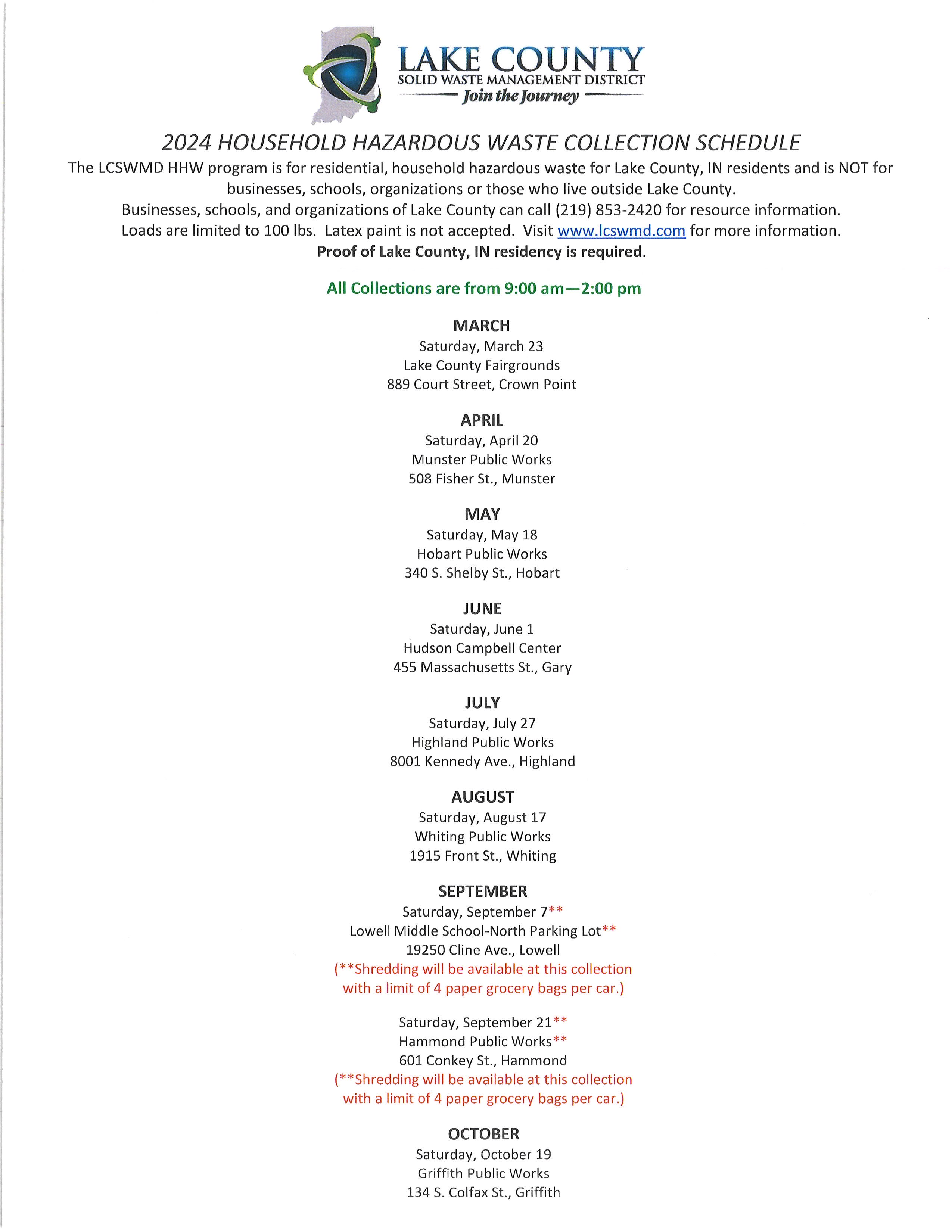 Lake County Solid Waste Collection Schedule - Town of Dyer