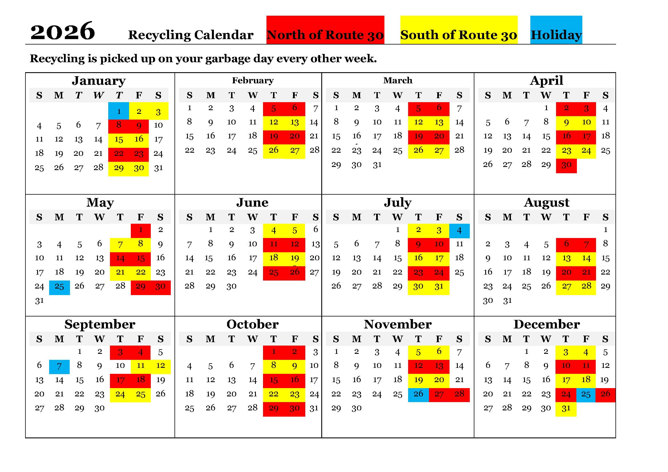 2026 Garbage & Recycle Calendar - Town of Dyer
