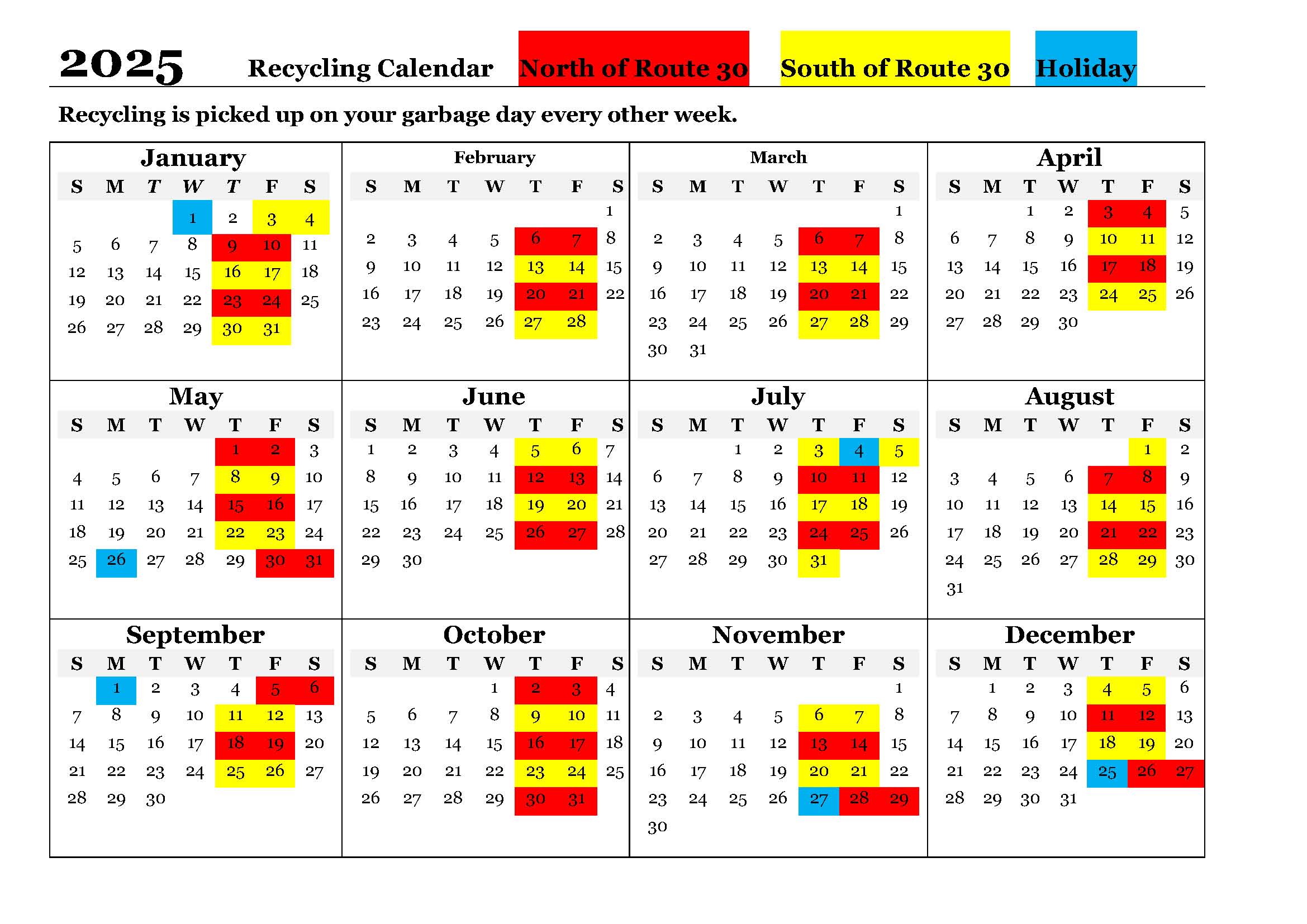 2025 Garbage/Recycle Calendar - Town of Dyer